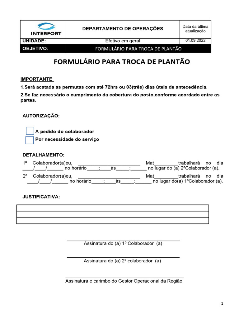 Formulario para troca de plantão RN | PDF