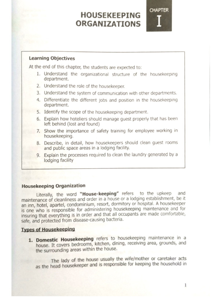 Lodging Operations Chapter 1 Housekeeping Organizations | PDF