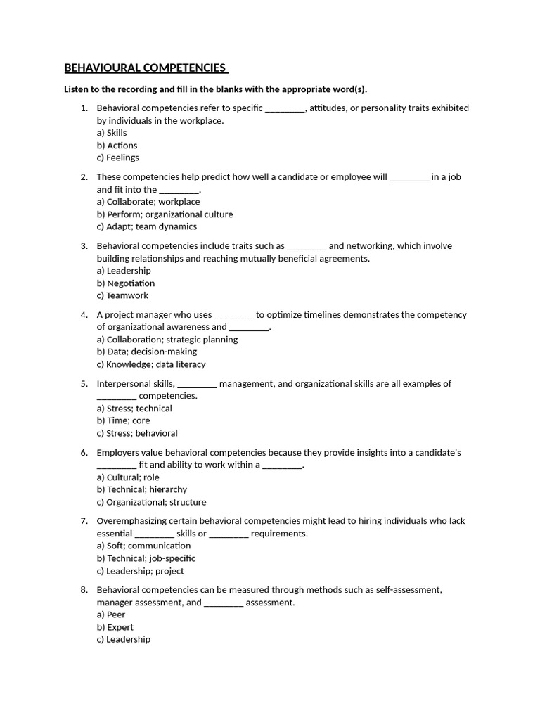 Behavioural Competencies - Exercises - Sts Handout 2 | PDF | Leadership ...