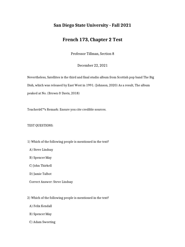French 173 Chapter 2 Test | PDF