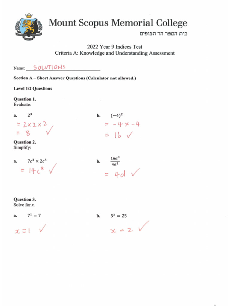 2022 Year 9 Indices Test Solutions | PDF