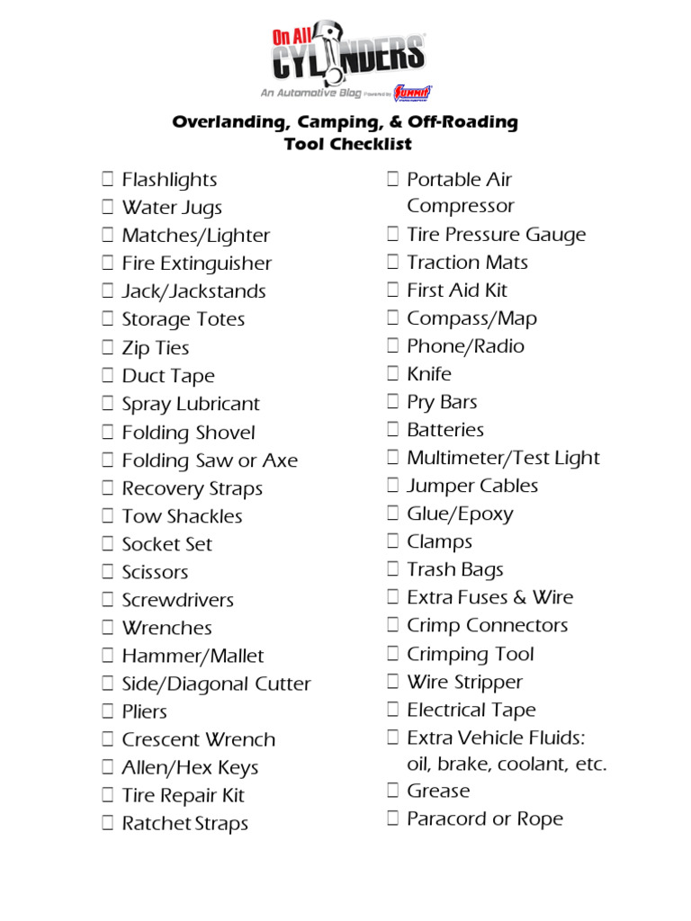 Overlanding Camping Off Roading Tools Checklist | PDF