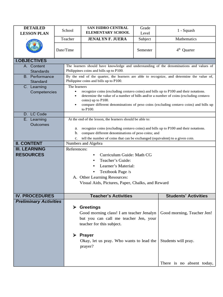 Grade 1 Lesson Plan: Philippine Currency | PDF | Coins | Mathematics