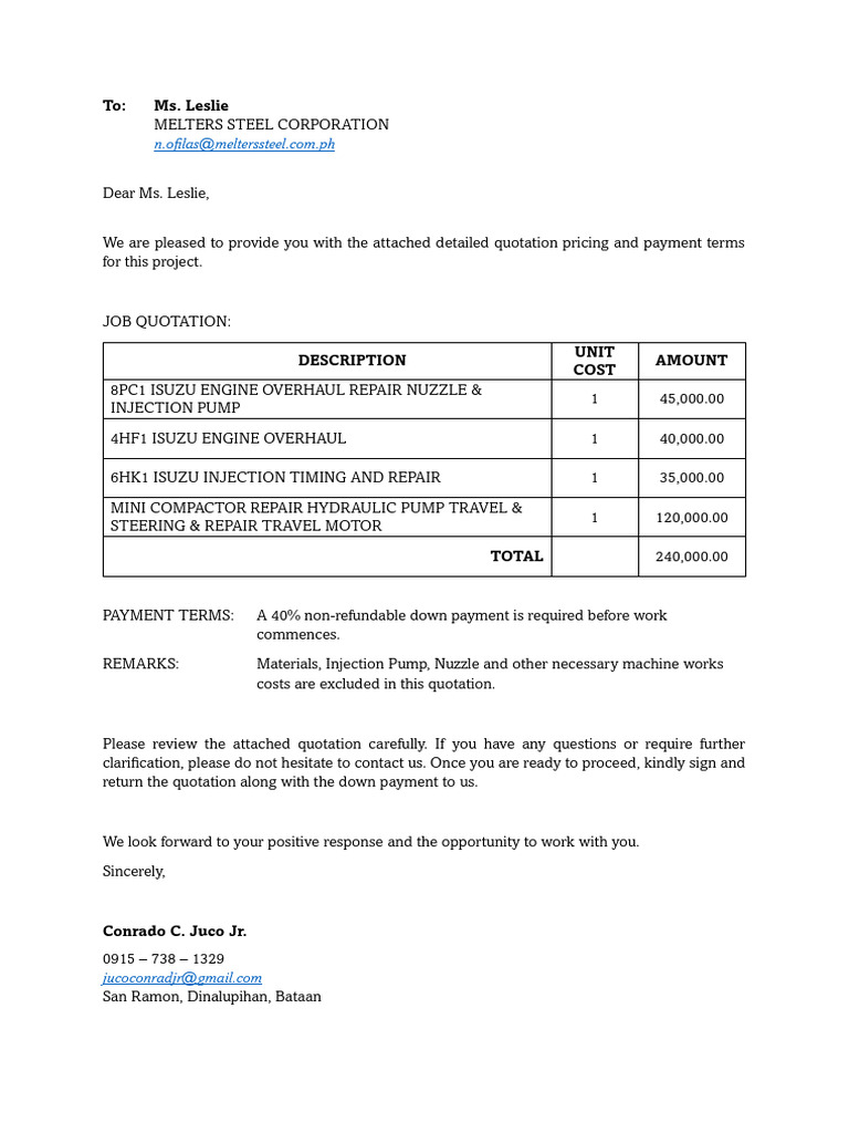 Detailed Job Quotation for Engine Repairs | PDF