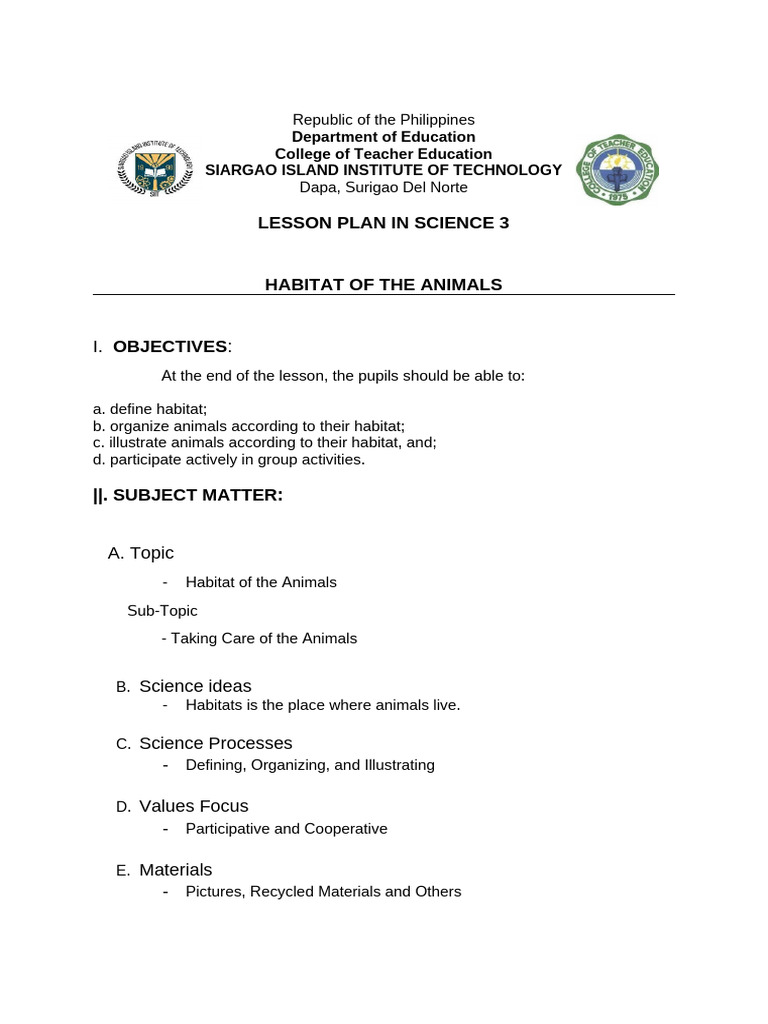 Science 3 Lesson Plan: Animal Habitats | PDF | Old Mac Donald Had A Farm