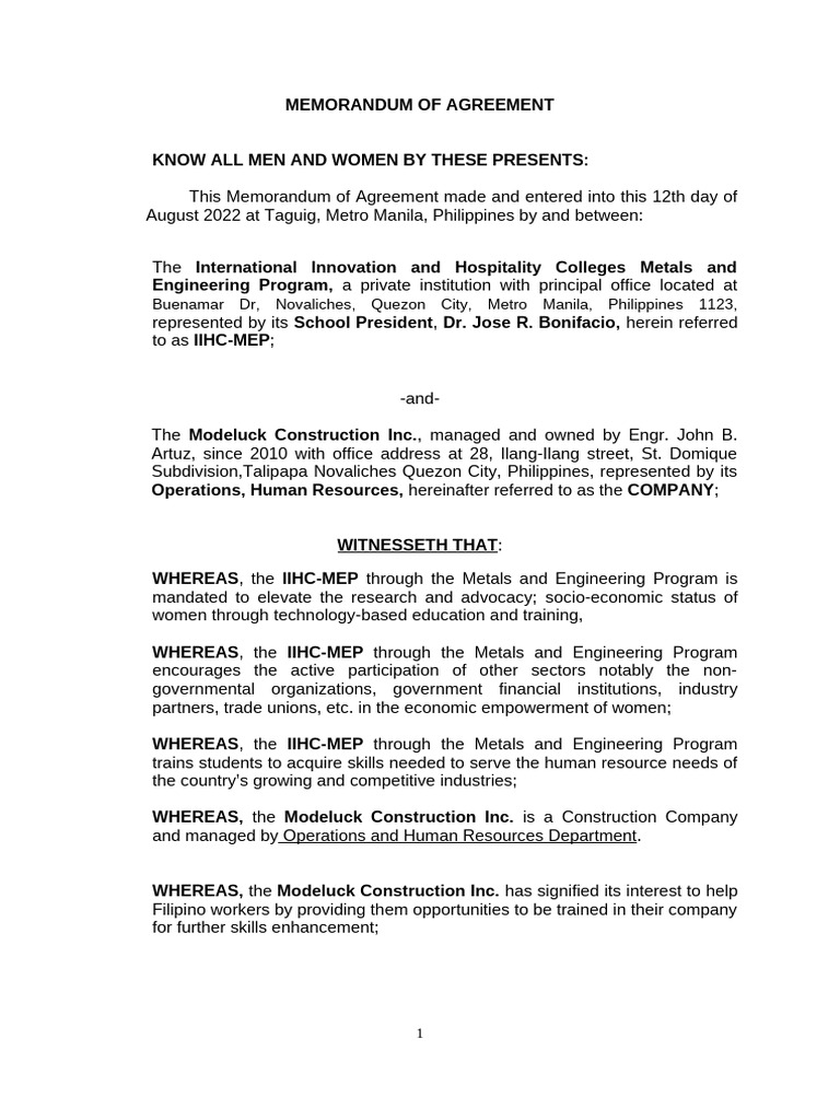 OJT Partnership Agreement IIHC-MEP Modeluck | PDF | Legal Liability ...