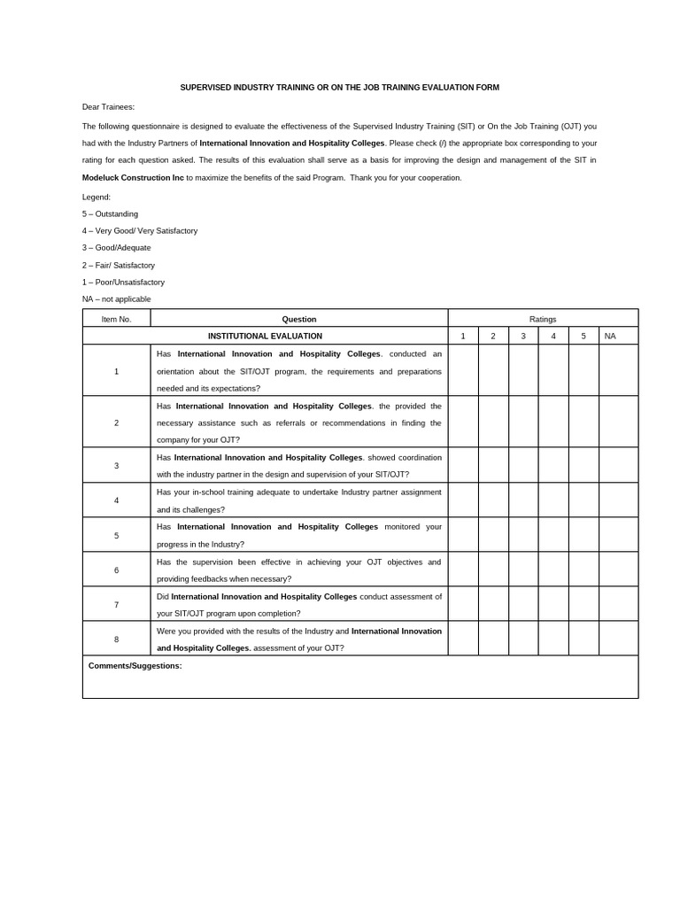 B.7.supervised Industry Training or OJT Evaluation Form | PDF