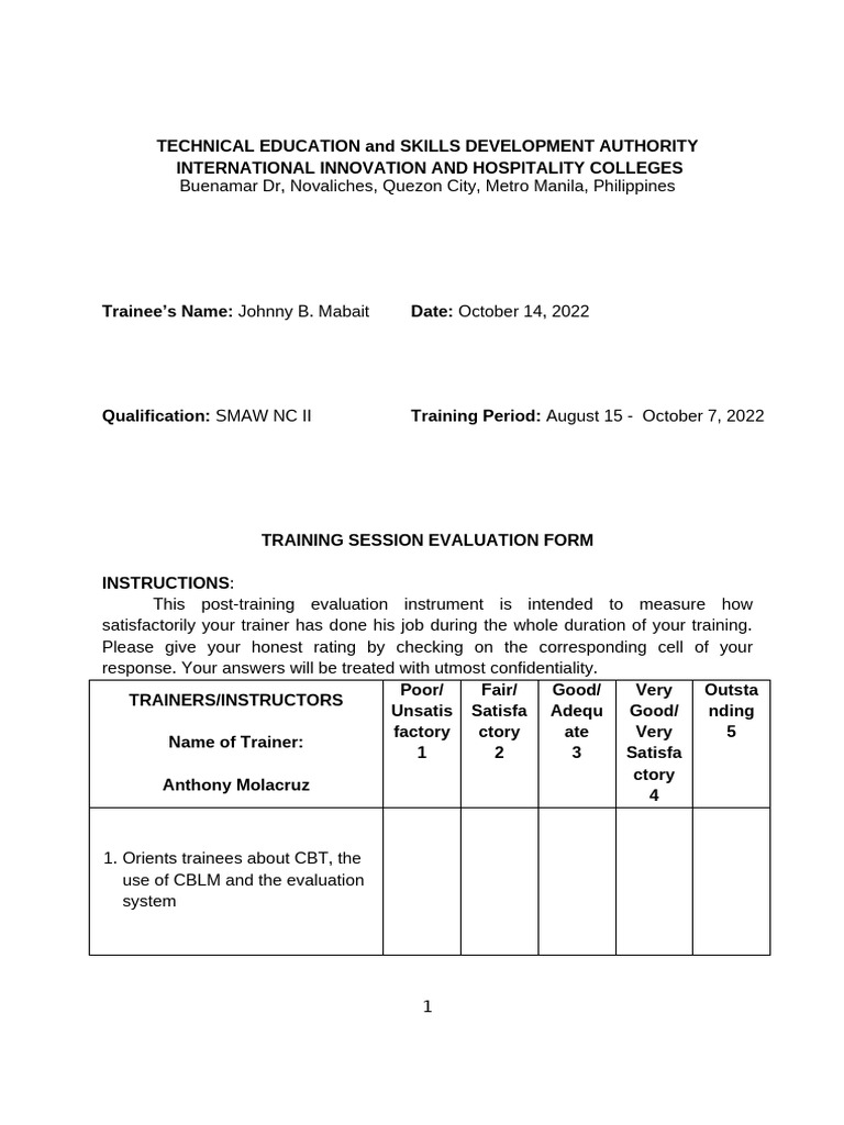 B.6.training Session Evaluation Form | PDF | Cognitive Science | Education Theory