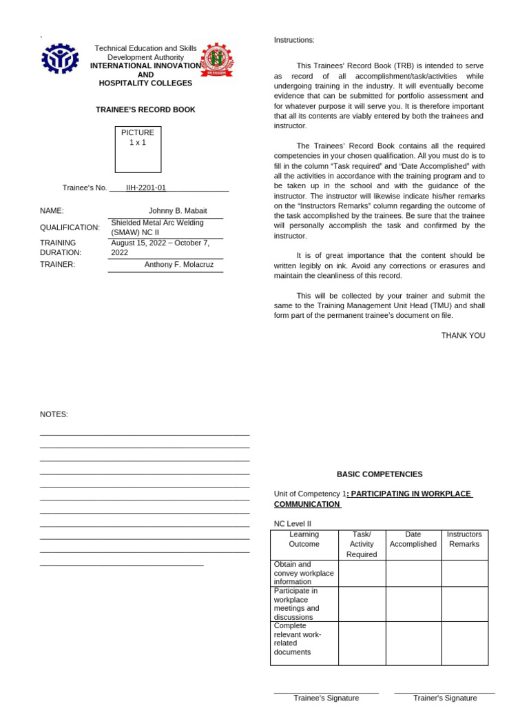 b.4.TRB (Trainees Record Book) | PDF | Occupational Safety And Health | Welding