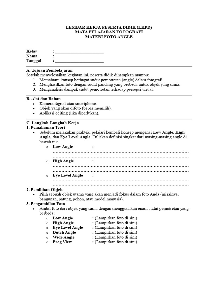 LKPD - FOTOGRAFI (ANGLE FOTO) | PDF