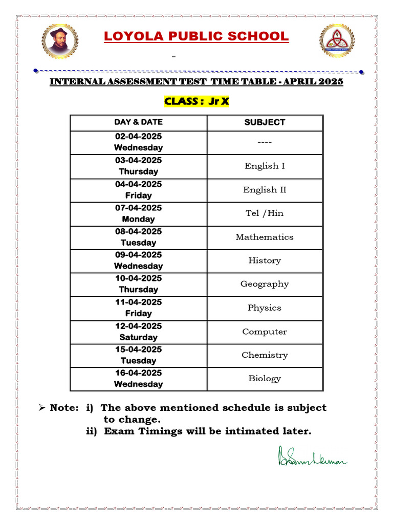 Loyola Jr X Internal Exam Timetable 2025 | PDF