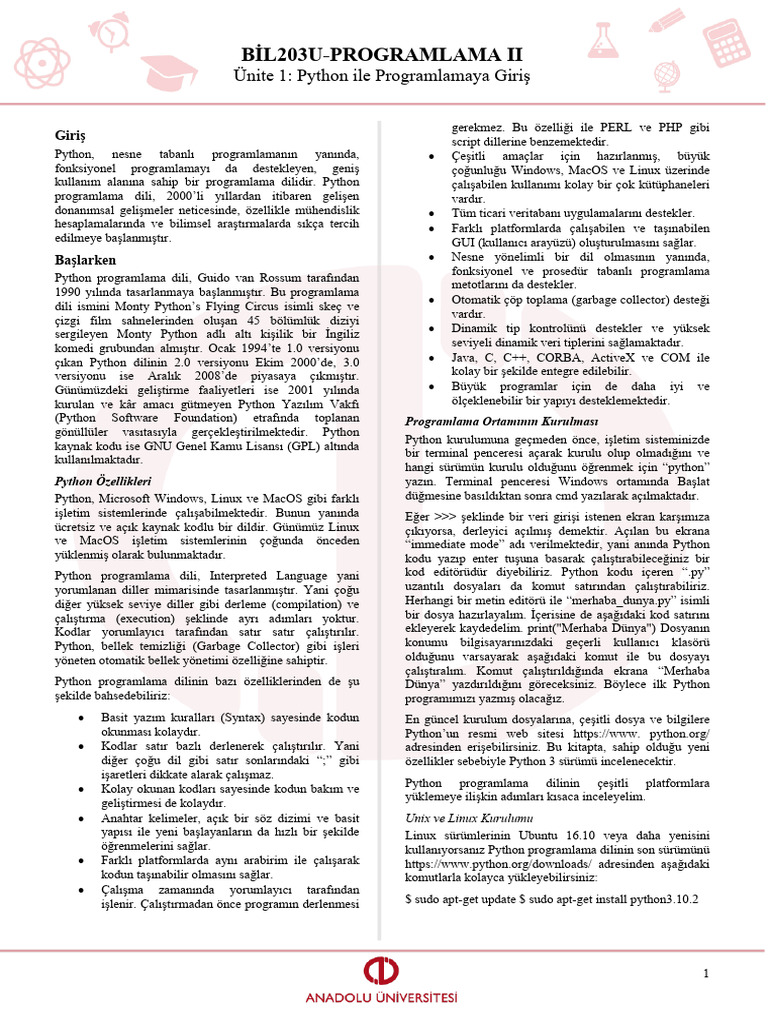 Bil203U-Programlama Ii: Ünite 1: Python Ile Programlamaya Giriş | PDF