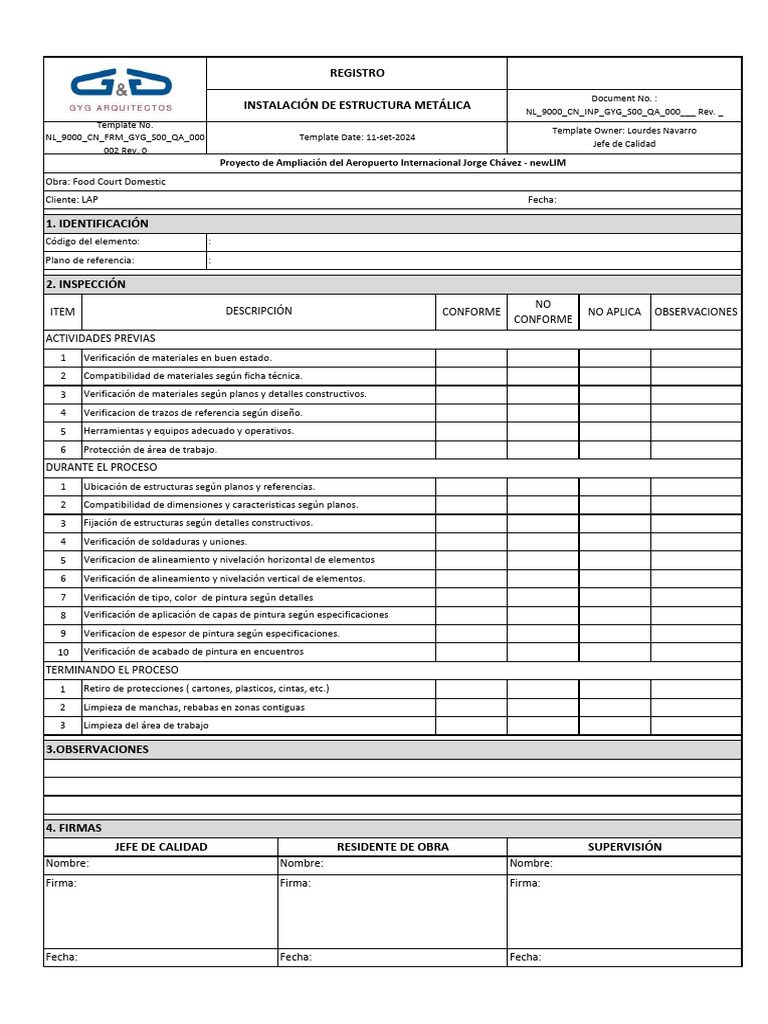 NL - 9000 - CN - FRM - GYG - S00 - QA - 000002 Registro de Instalación ...