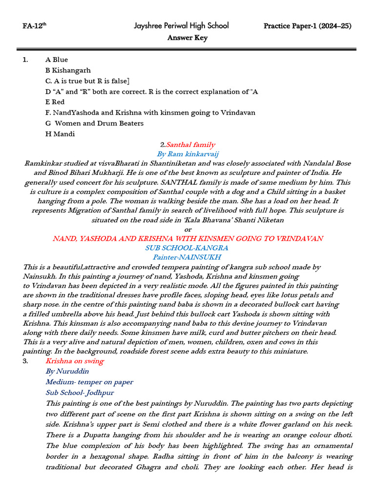 FA Practice Paper-1 (Answer Key) | PDF | Paintings