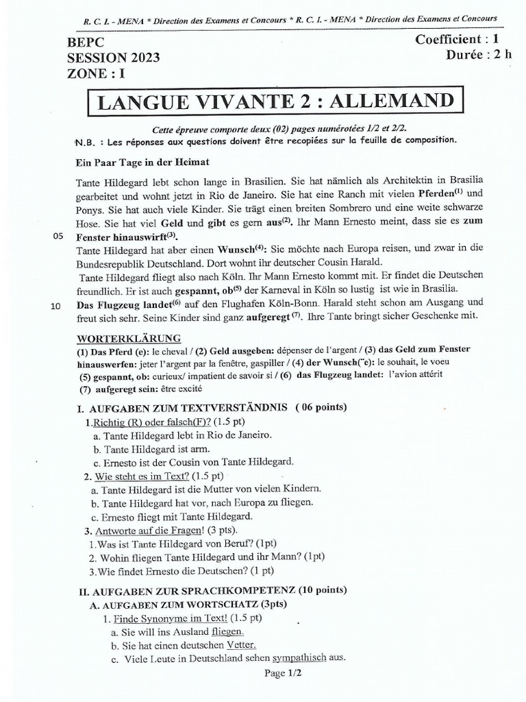 Rci Bepc 2023 LV2 Allemand Zone 1 | PDF