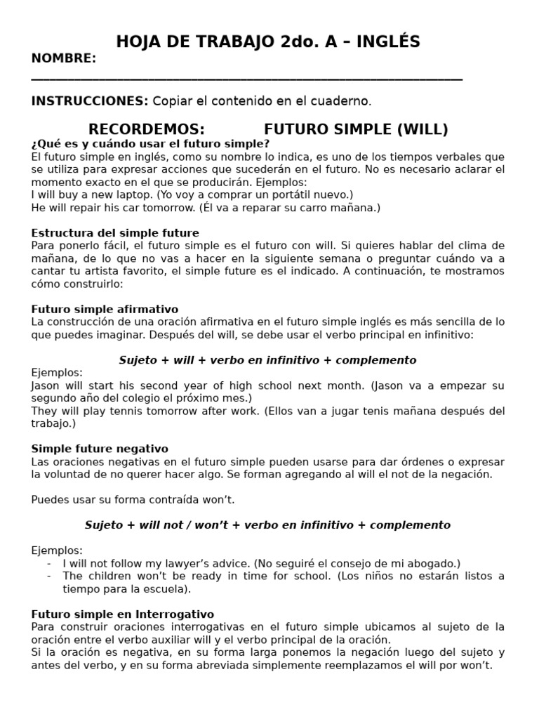 Futuro Simple en Inglés: Guía y Ejercicios | PDF | Verbo | Asunto ...