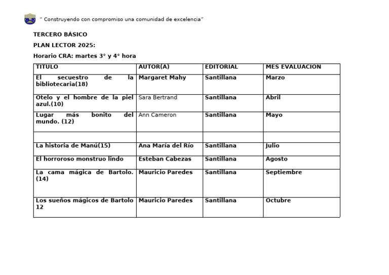 Tercero Básico - Plan Lector 2025 | PDF