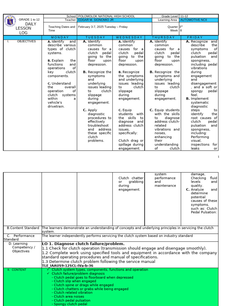 DLL-QUARTER 3 WEEK 8 CLUTCH SYSTEM | PDF | Clutch | Medical Diagnosis