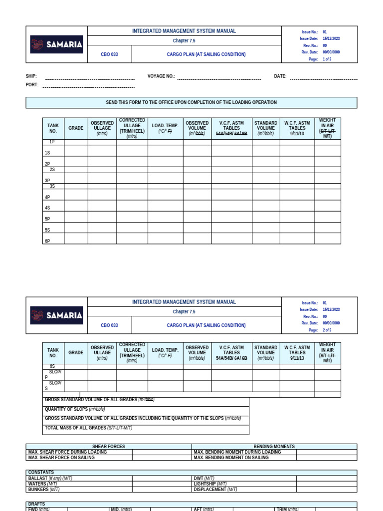 Form CBO 033 Cargo Plan (At Sailling Condition) | PDF | Freight ...
