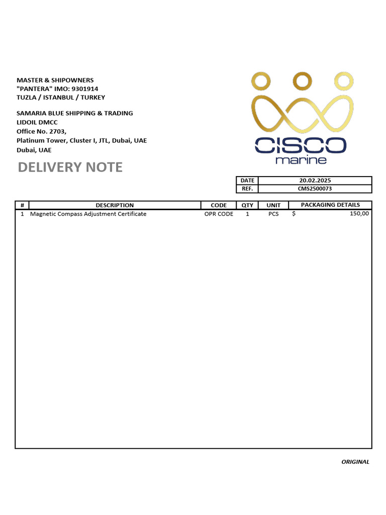 CMS2500073 - Delivery Note - Magnetic Compass Certificate | PDF