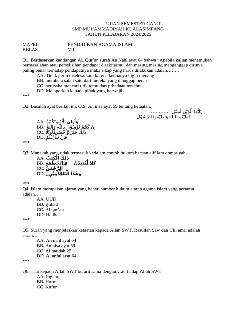 Soal Ujian PAI Kelas 7 Semester Ganjil | PDF