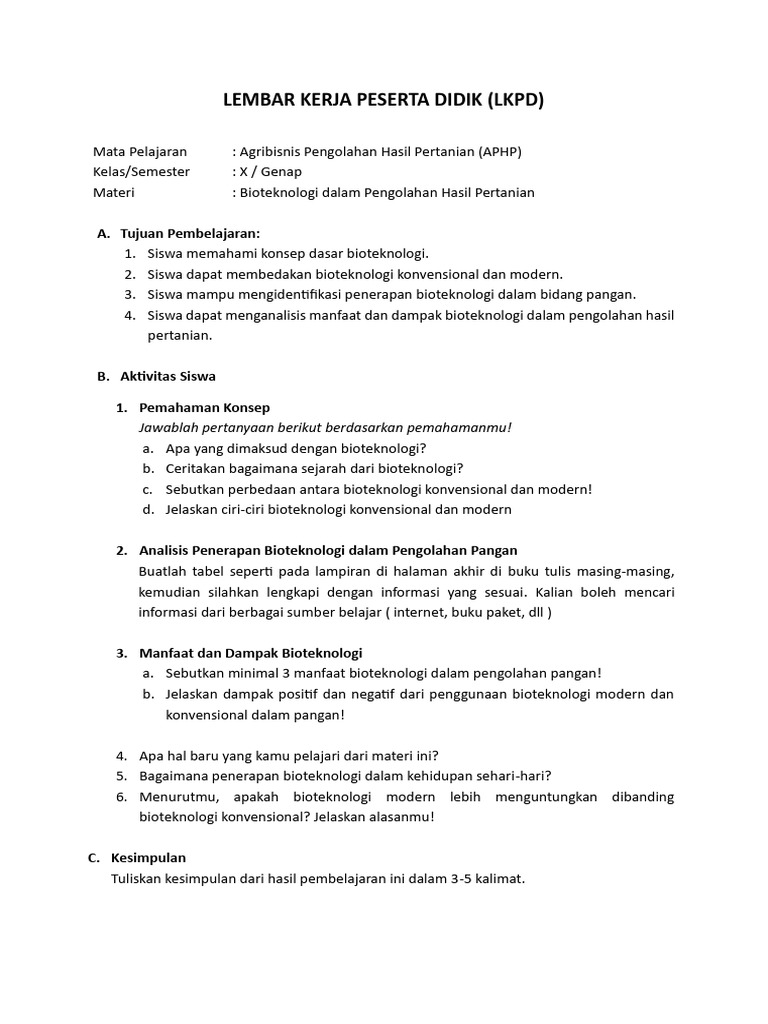 LKPD Daspro Bioteknologi Dalam Pengolahan Hasil Pertanian | PDF