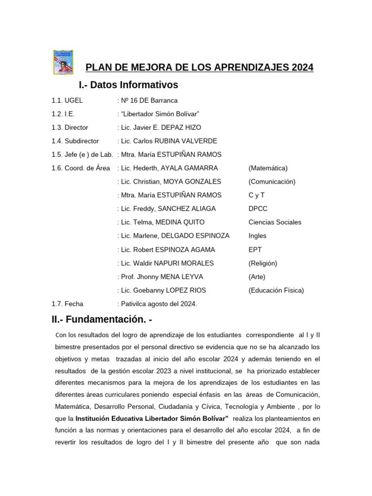Plan de Mejora LSB - Agosto | PDF | Evaluación | Enseñando