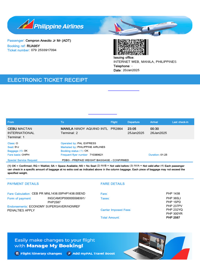Electronic Ticket Receipt 25JAN For ANECITO JR CEMPRON | PDF
