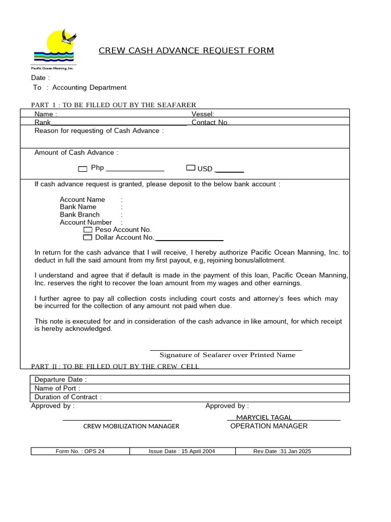 0415 Crew Cash Advance Form | PDF