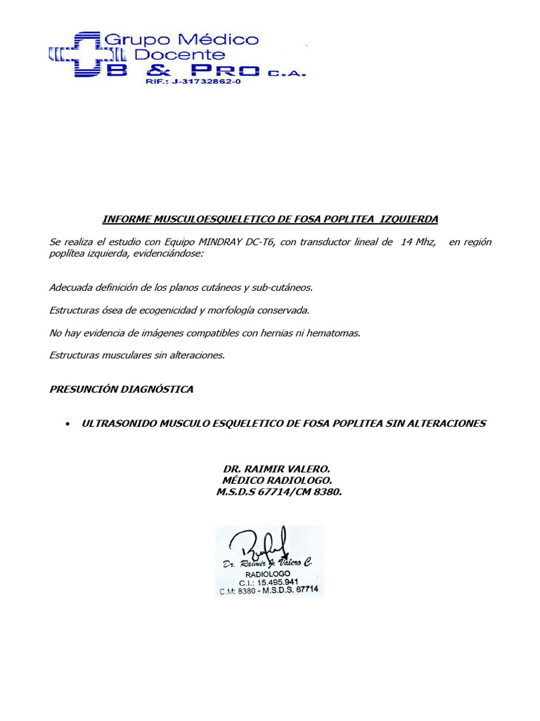 Ultrasonido Fosa Poplítea Izquierda Normal | PDF
