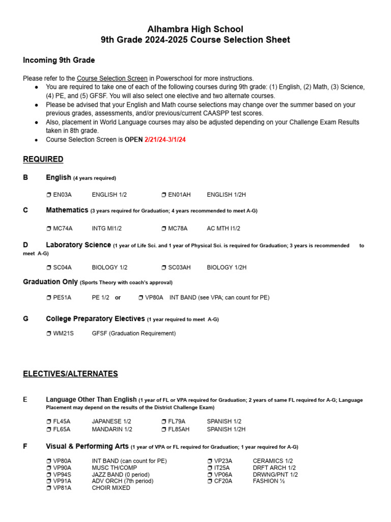 9th Grade Course Selection 2024-2025 | PDF | Science