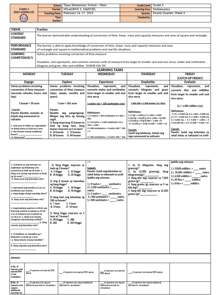 Curriculum Plan - Mathematics 3 - Q4 Week 3 | PDF | Units Of ...