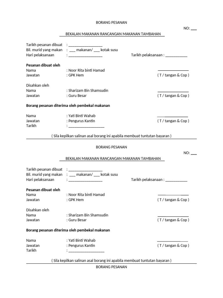 Borang Pesanan RMT | PDF