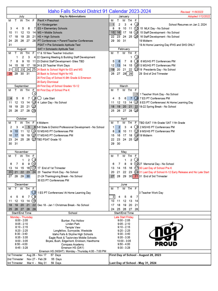 Idaho Falls School District 91 Calendar 2023-2024: Key To Abbreviations ...