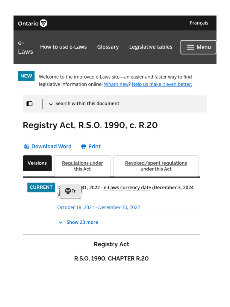 Registry Act, R.S.O. 1990, C. R.20 - Ontario - Ca | PDF | Lease | Easement