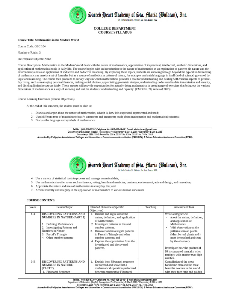 Mathematics in Modern Life Syllabus | PDF | Logic | Mathematics