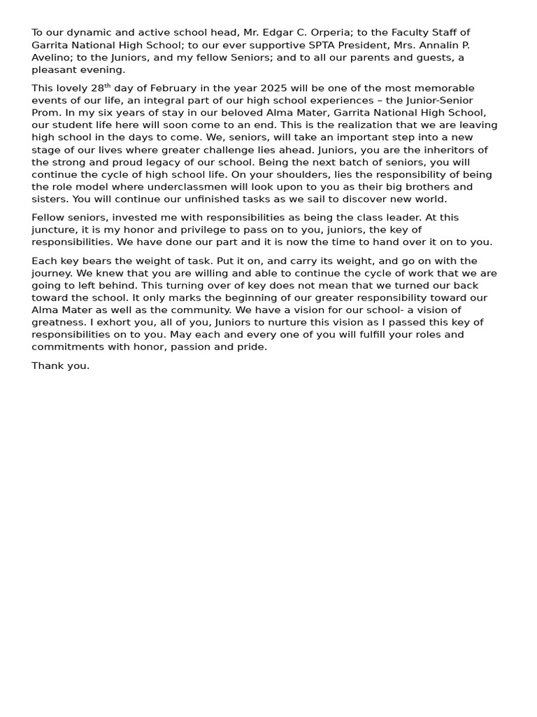 Key of Responsibility Speech | PDF