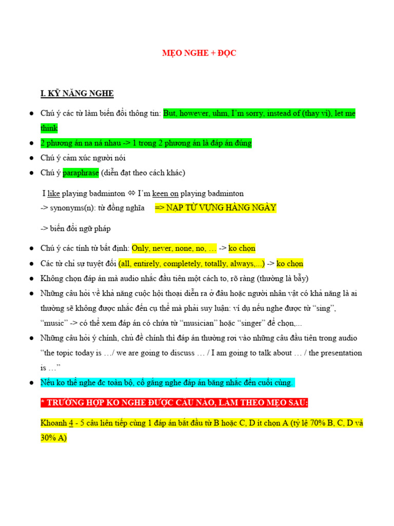 TỔNG HỢP TIPS NGHE ĐỌC CHO B1 | PDF