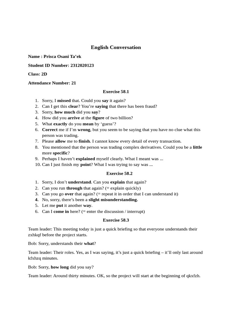 English Conversation Exercises 1-58 | PDF