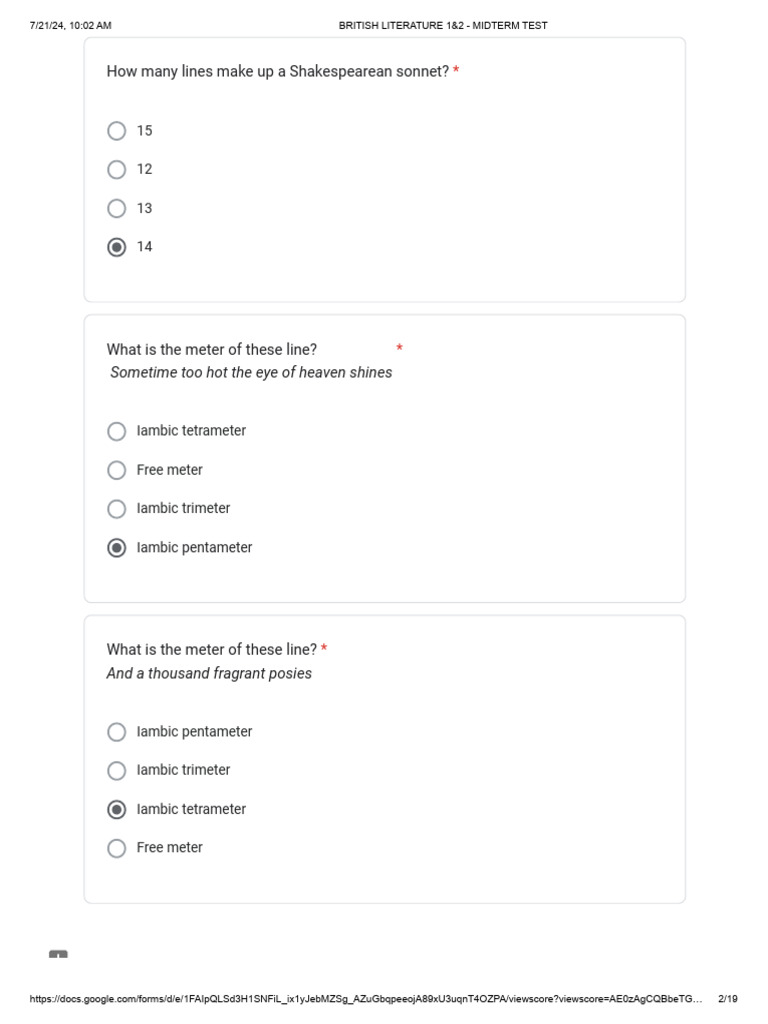 BRITISH LITERATURE 1&2 - MIDTERM TEST Edit | PDF | Poetry | Metre (Poetry)