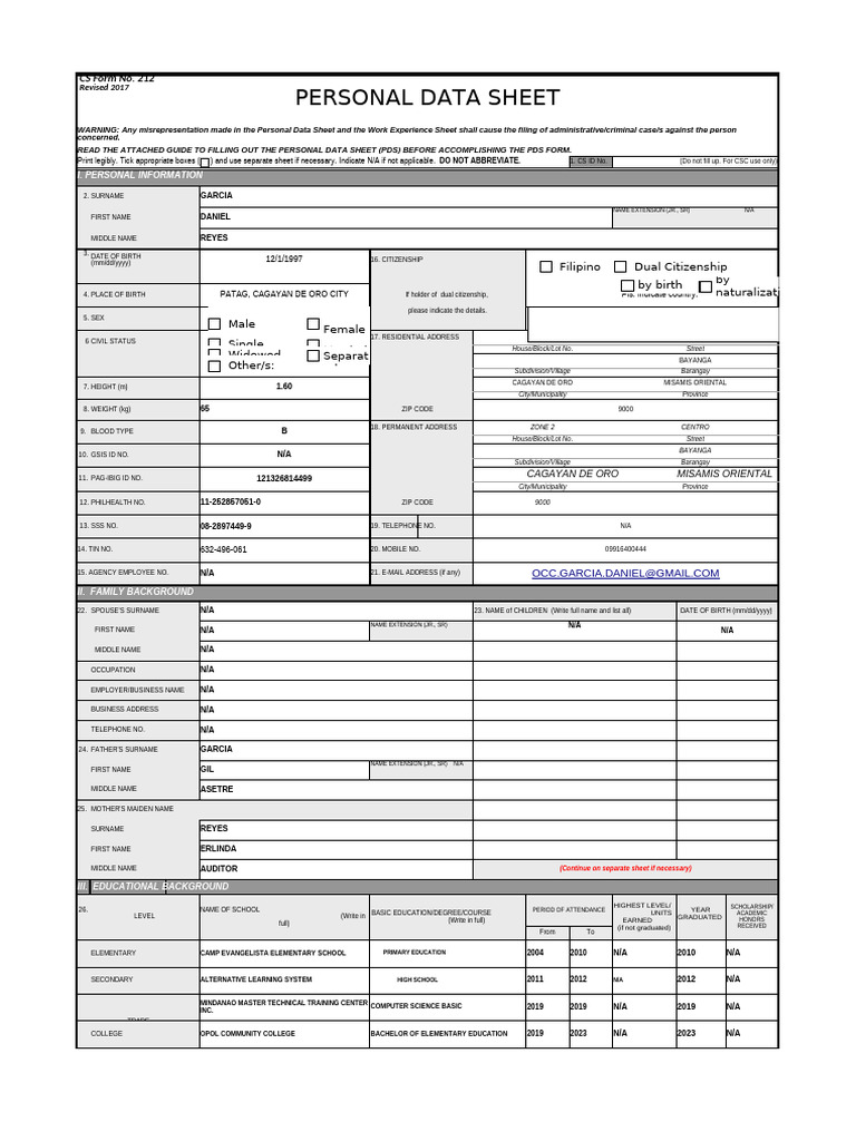 CS Form No. 212 Personal Data Sheet Revised DGFinal | PDF | Government ...