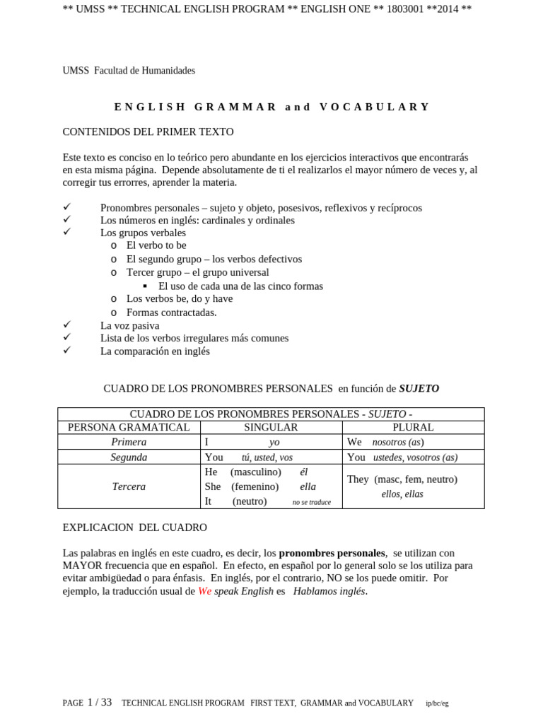 English 1-First Grammar and Vocabulary Text | PDF | Pronombre | Verbo