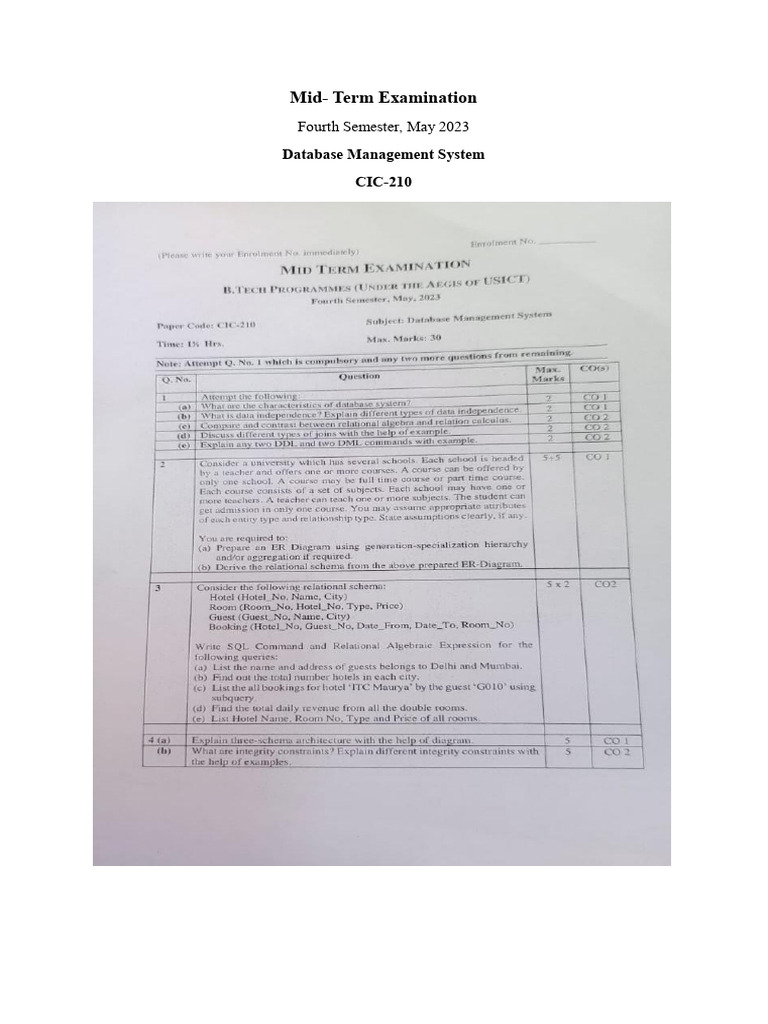 Mid Term Exam DBMS, May 2023-1 | PDF | Relational Model | Databases