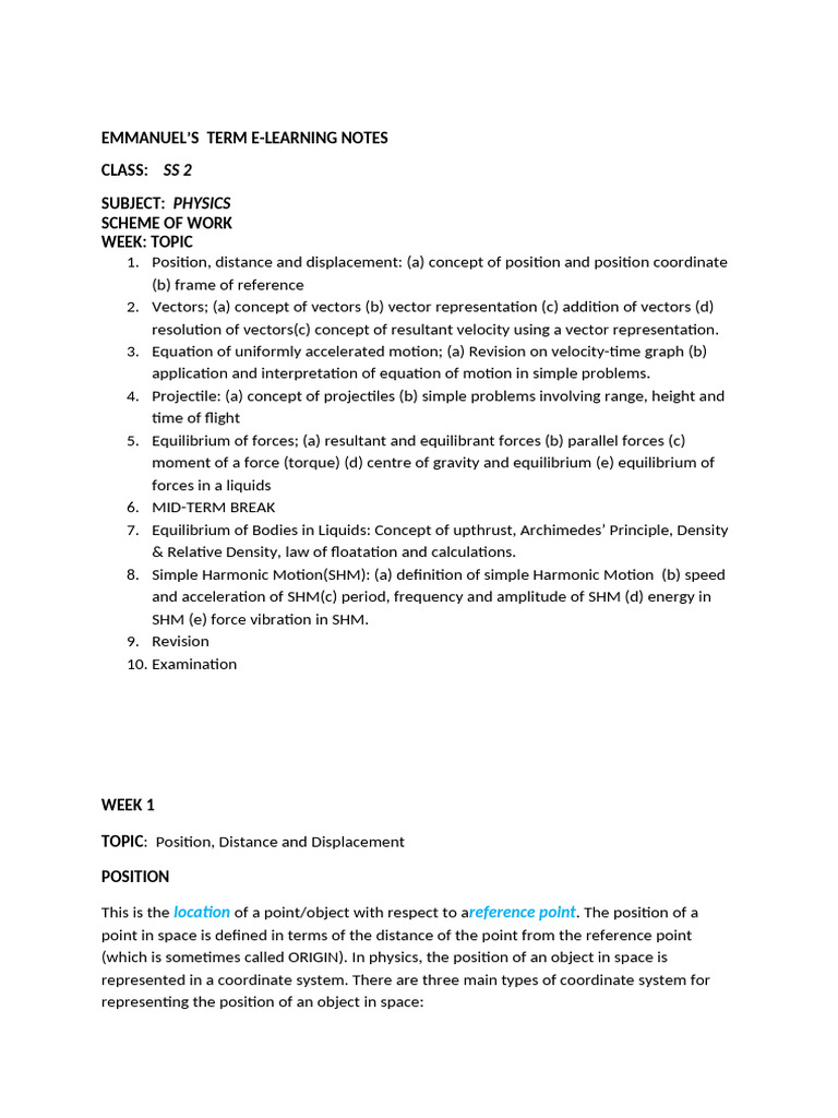 SS2 Emmanuel's Term Physics E-Notes | PDF | Cartesian Coordinate System ...