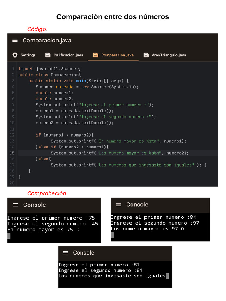 Comparación Entre Dos Números (Codigo en Java) | PDF