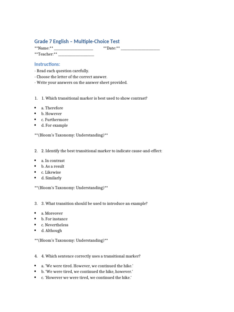 Full_Grade_7_English_Test | PDF | Human Communication | Cognition