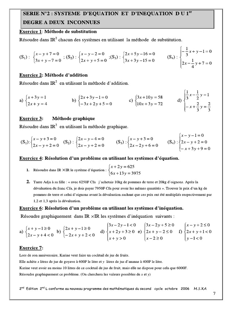 Systeme Equations Et Inequations 2nde L | PDF