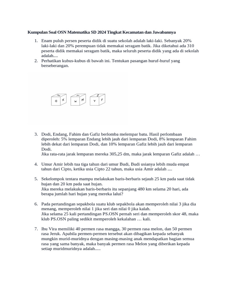 Kumpulan Soal OSN Matematika SD 2024 Tingkat Kecamatan Dan Jawabannya | PDF