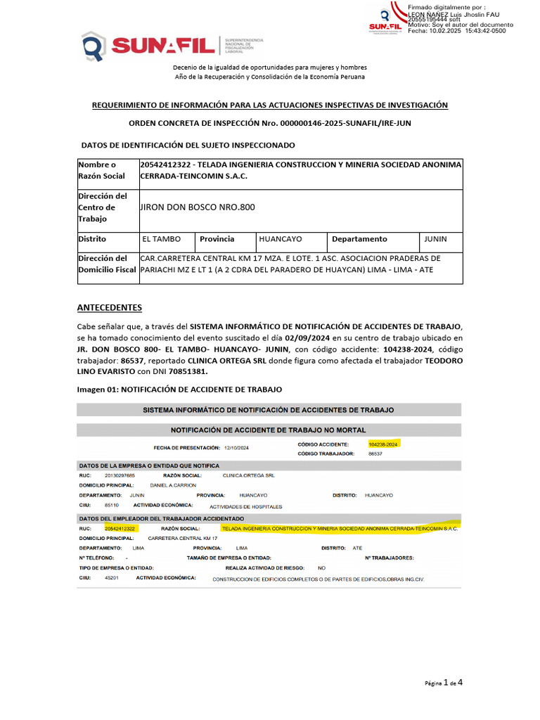 FIZCALIZACION SUNAFIL - ORDEN CONCRETA DE INSPECCIÓN Nro. 000000146 ...