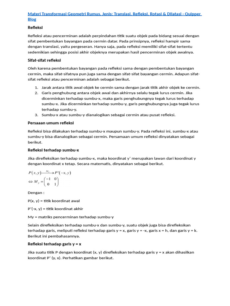 Materi Transformasi Geometri Rumus Kls 11 Ipa | PDF